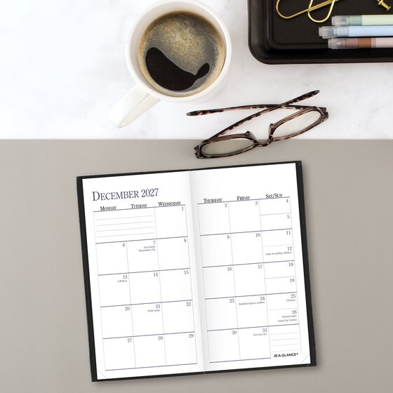 AT-A-GLANCE® Fine Diary® 2027 Weekly Monthly Diary, Black, Pocket, 3" x ...