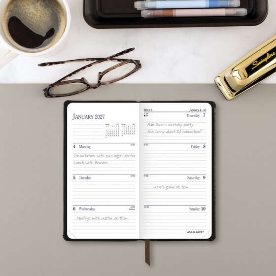 AT-A-GLANCE® Fine Diary® 2027 Weekly Monthly Diary, Black Brown, Pocket ...