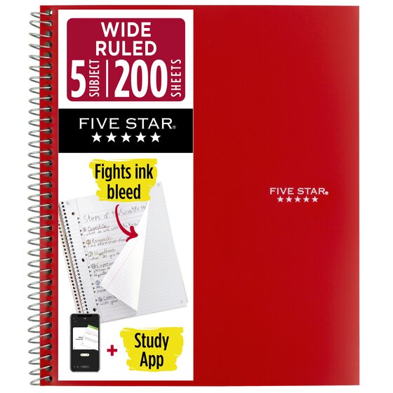 Five Star Wirebound Notebooks, 5 Subject, Wide Ruled | Spiral Notebooks ...