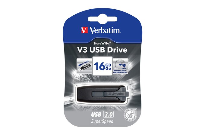 VERBATIM STORGE AND GO V3 USB 3.0 DRIVE 16GB GREY | USB DRIVES | ACCO ...